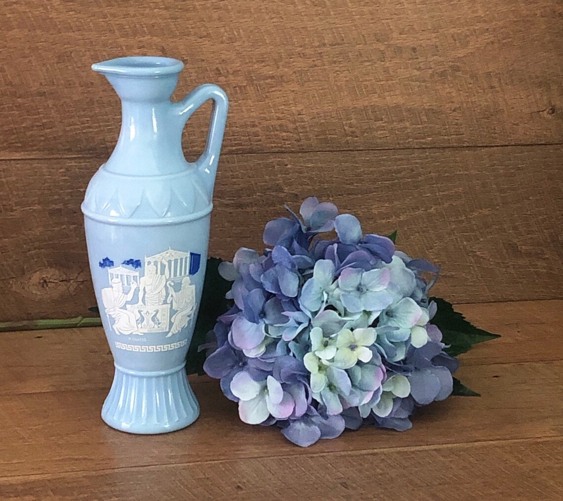 JIM BEAM Vintage 60s Greek Mythology Blue Milk Glass Liquor Bottle ...