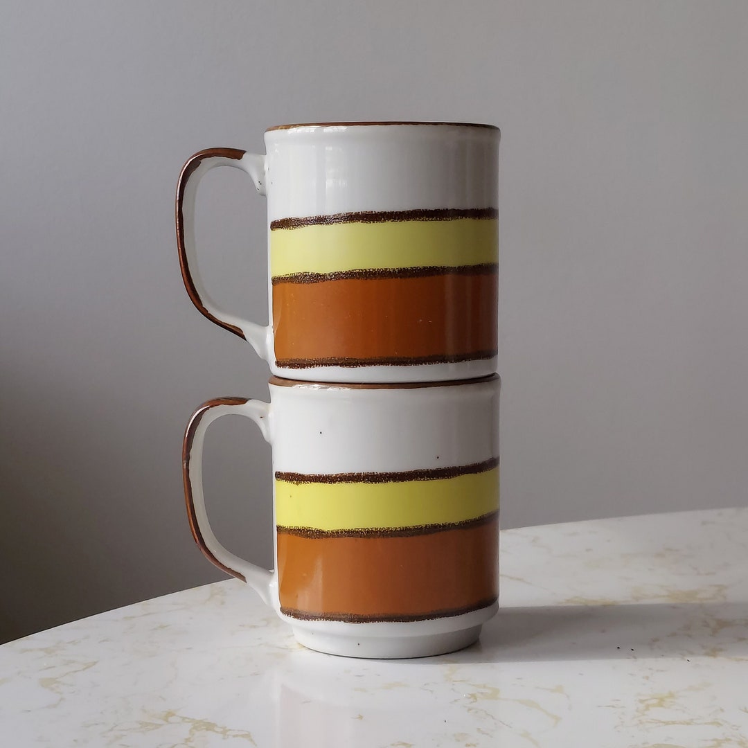 Vintage Japan Stoneware Coffee Tea Stackable Mugs Yellow Orange Striped ...