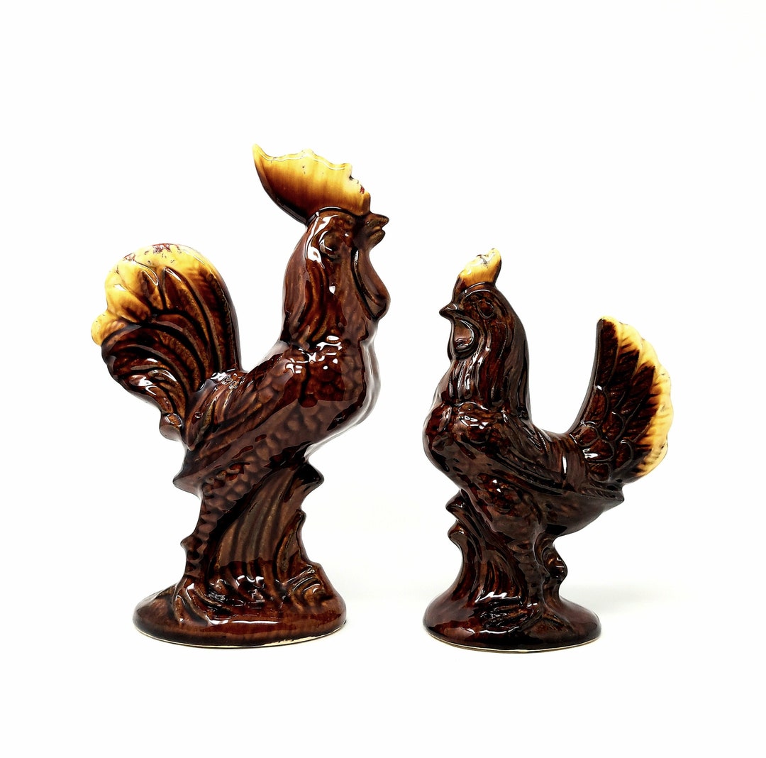 Vintage Drip Glaze Brown and Yellow Ceramic Rooster and Hen - Etsy