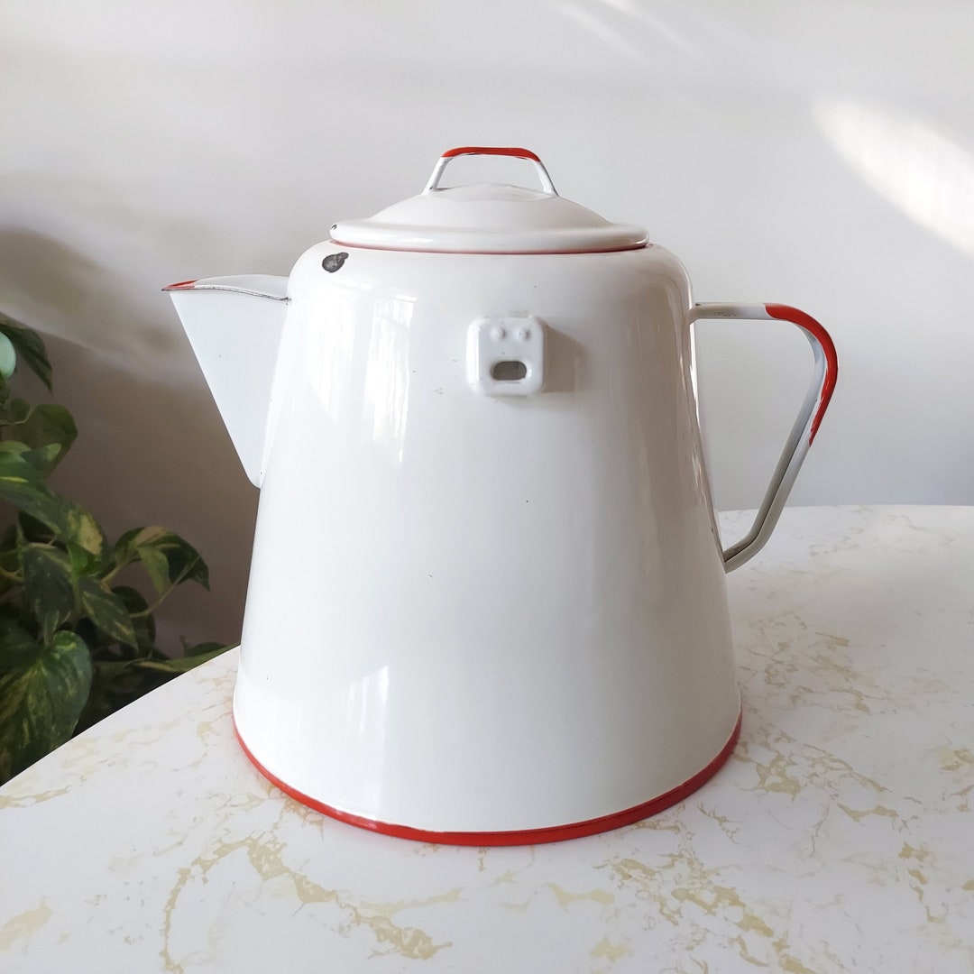 Vintage Columbian Brand Enamelware Kettle White and Red English Country ...