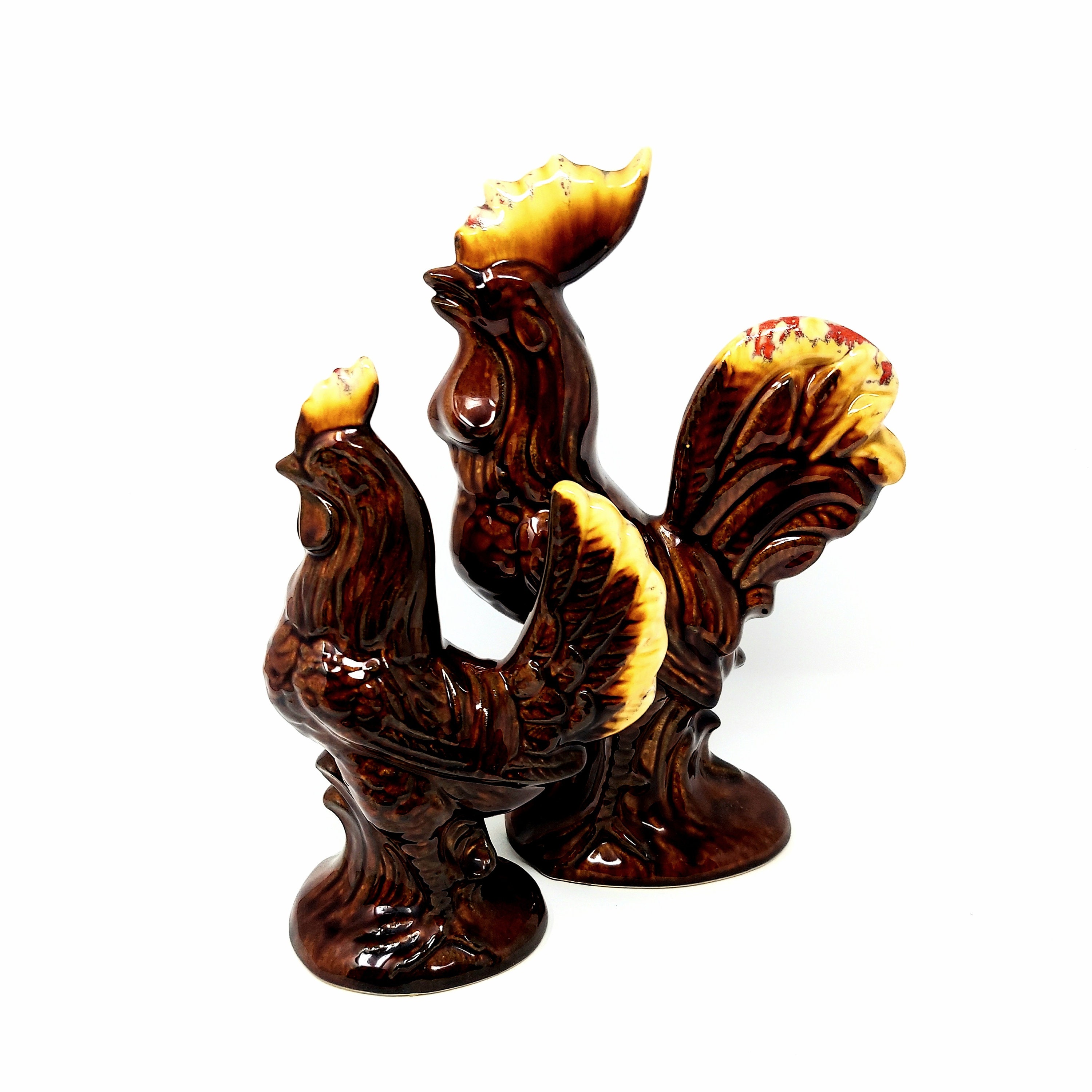 Vintage Drip Glaze Brown and Yellow Ceramic Rooster and Hen - Etsy