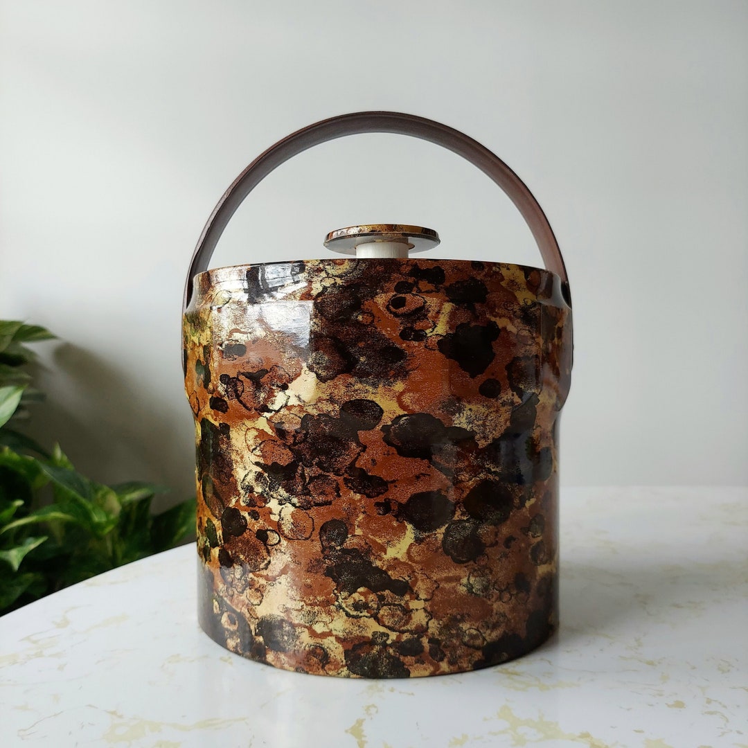 Vintage 1970s Faux Tortoise Shell Vinyl Ice Bucket Off-set Lid Retro ...