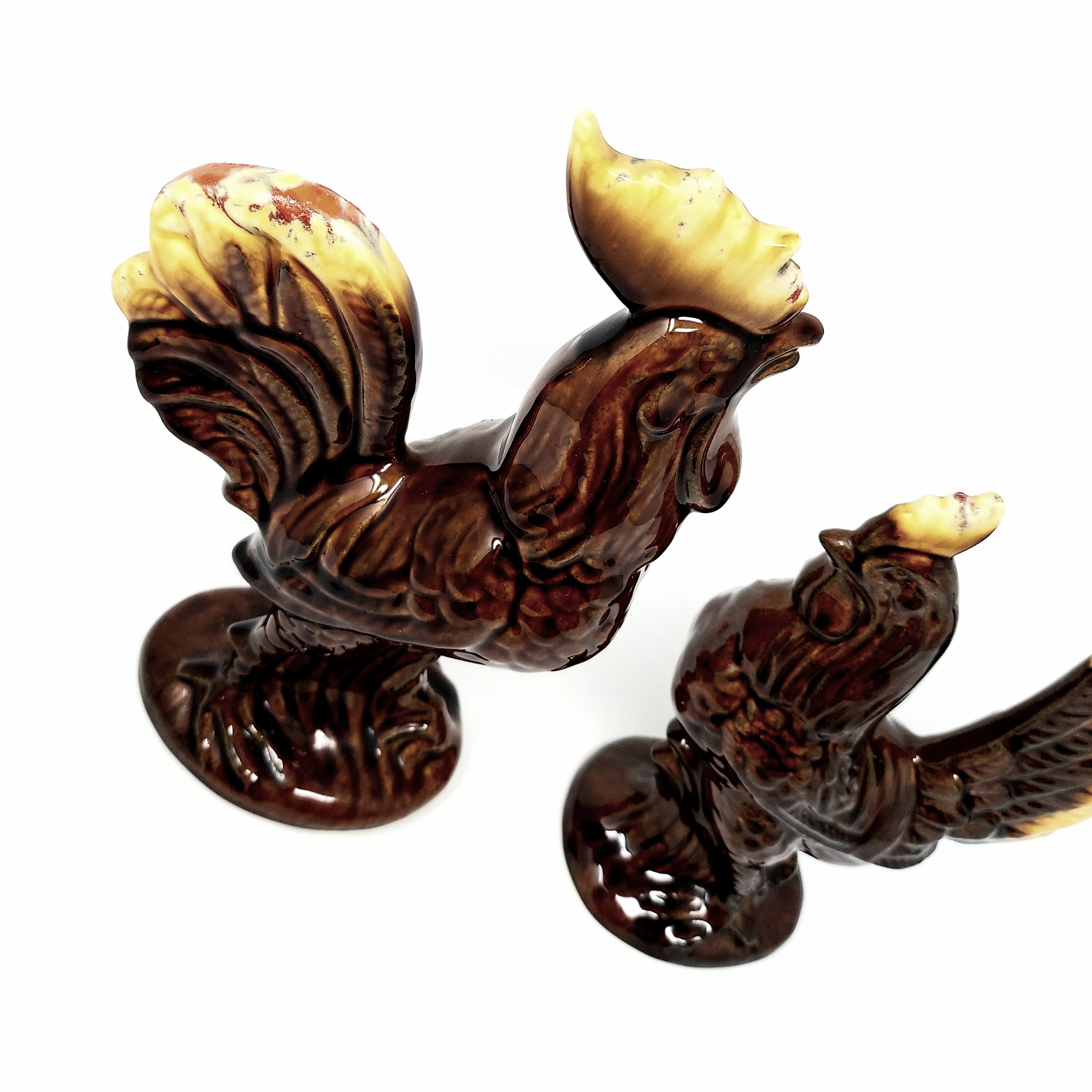 Vintage Drip Glaze Brown and Yellow Ceramic Rooster and Hen - Etsy