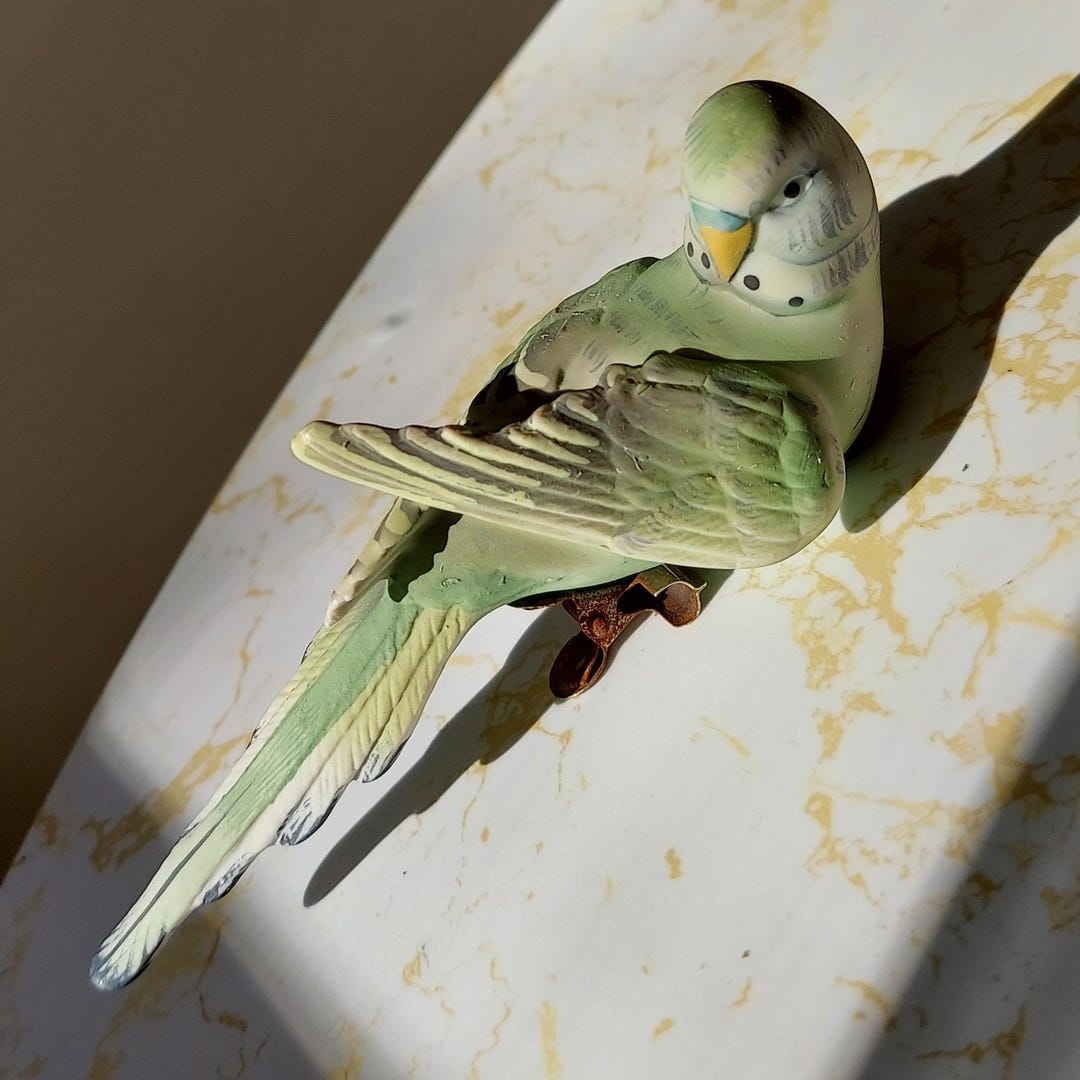 Vintage Green Parakeet Budgie Bisque Porcelain Clip on Figurine, Bird ...