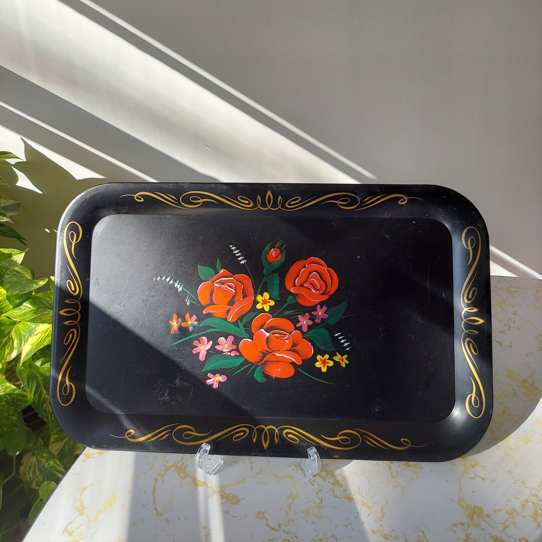 Vintage Black Metal Rectangular Hand Painted Red Roses Floral Tray - Etsy