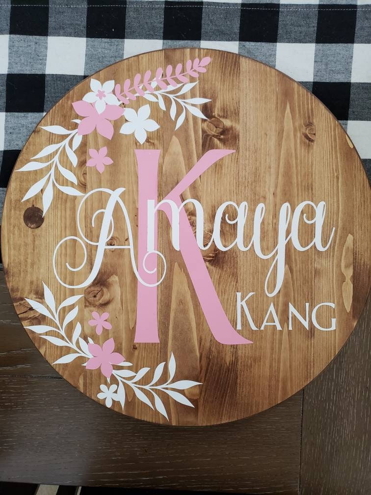 Personalized Round Wood Custom Name Sign With Initial/ Floral - Etsy