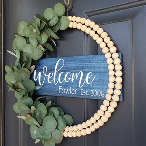 Double Wood Welcome Front Door Wreath/ Wood Bead Modern Wreath/beaded ...