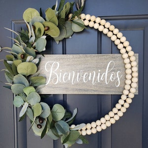 Double Wood Welcome Front Door Wreath/ Wood Bead Modern Wreath/beaded ...