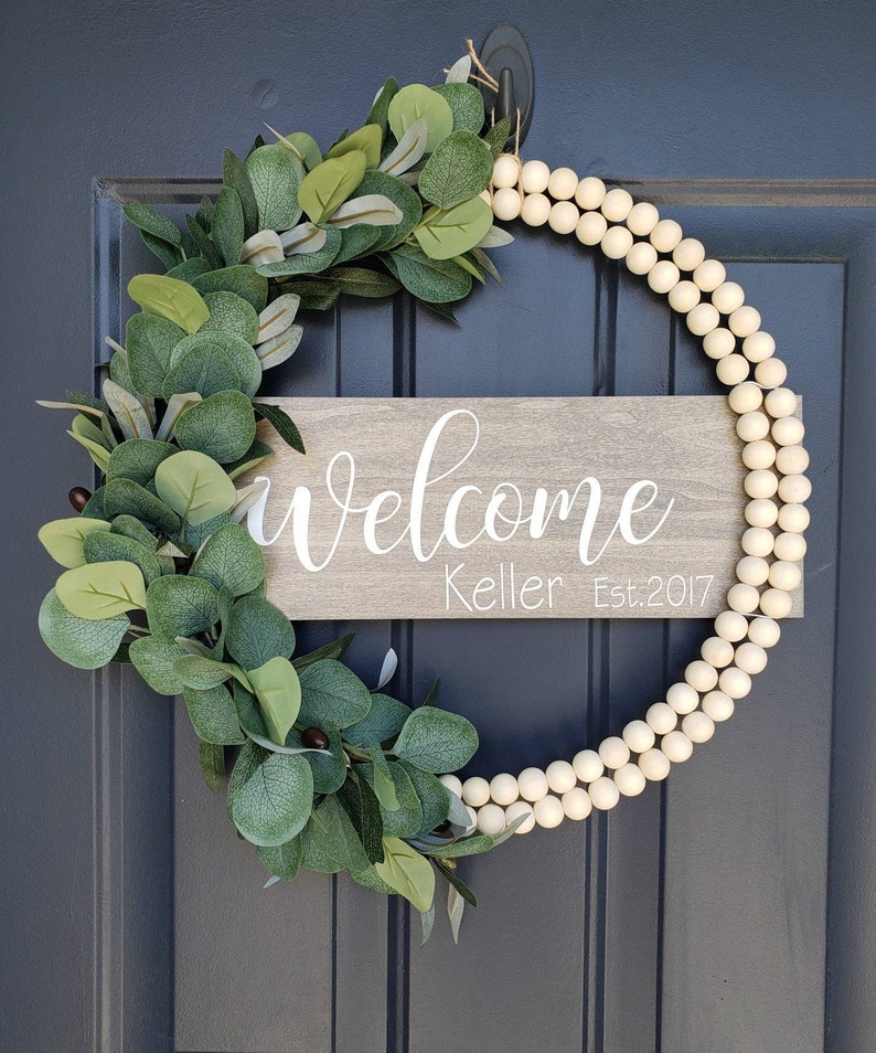 Double Wood Welcome Front Door Wreath/ Wood Bead Modern - Etsy