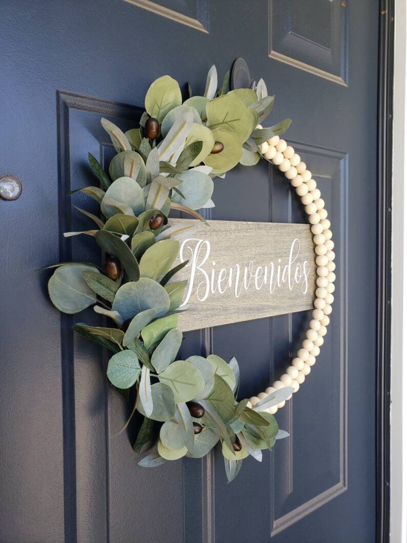 Double Wood Welcome Front Door Wreath/ Wood Bead Modern - Etsy