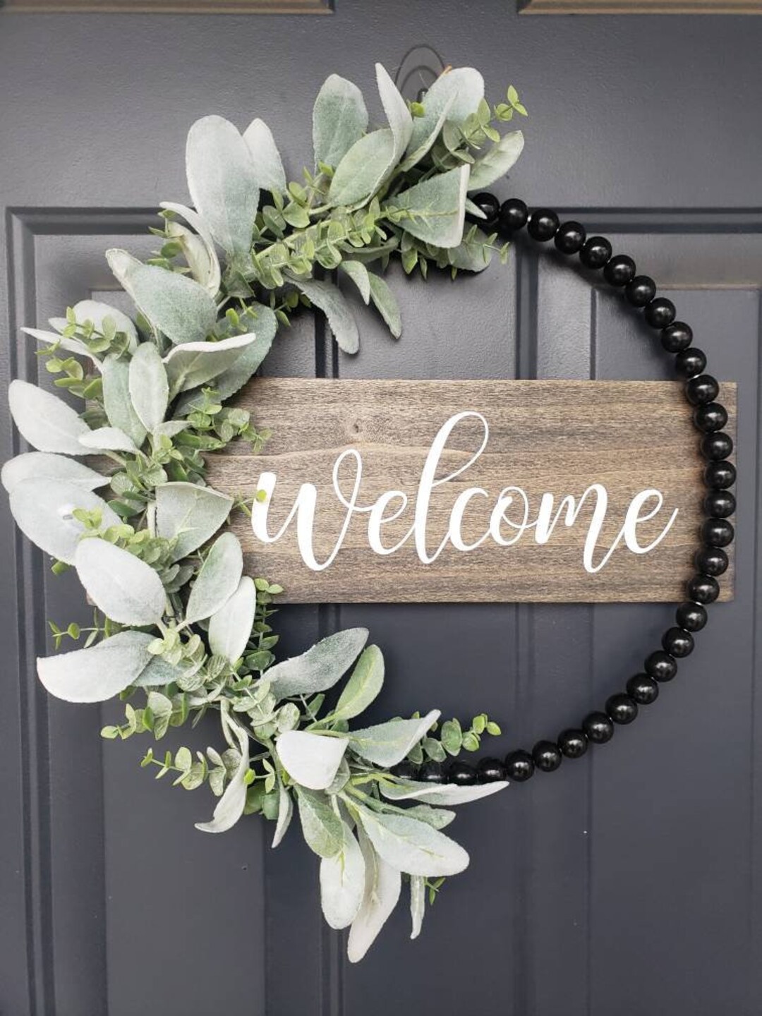 Year Round Welcome Front Door Wreath/ Black Wood Bead Wreath/lambs Ear ...