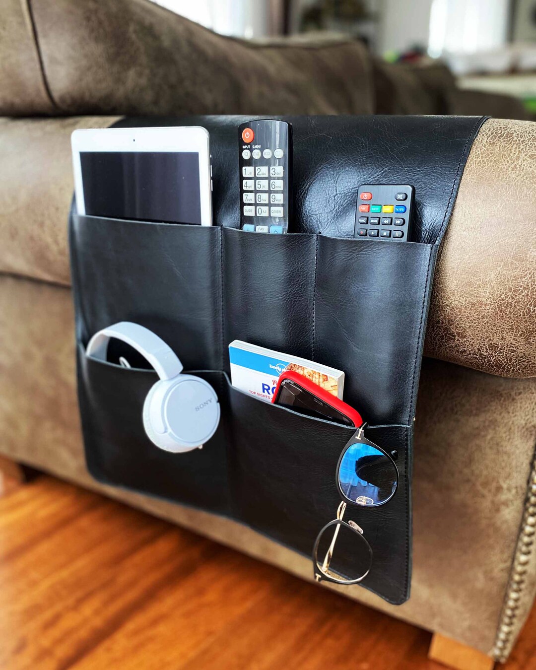 Couch Arm Organizer in Black Leather Personalized With Magazine and ...