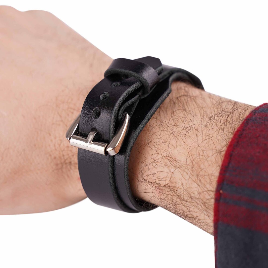 Personalized Black Leather Wristband, Silver Buckle Bracelet, Engraved ...
