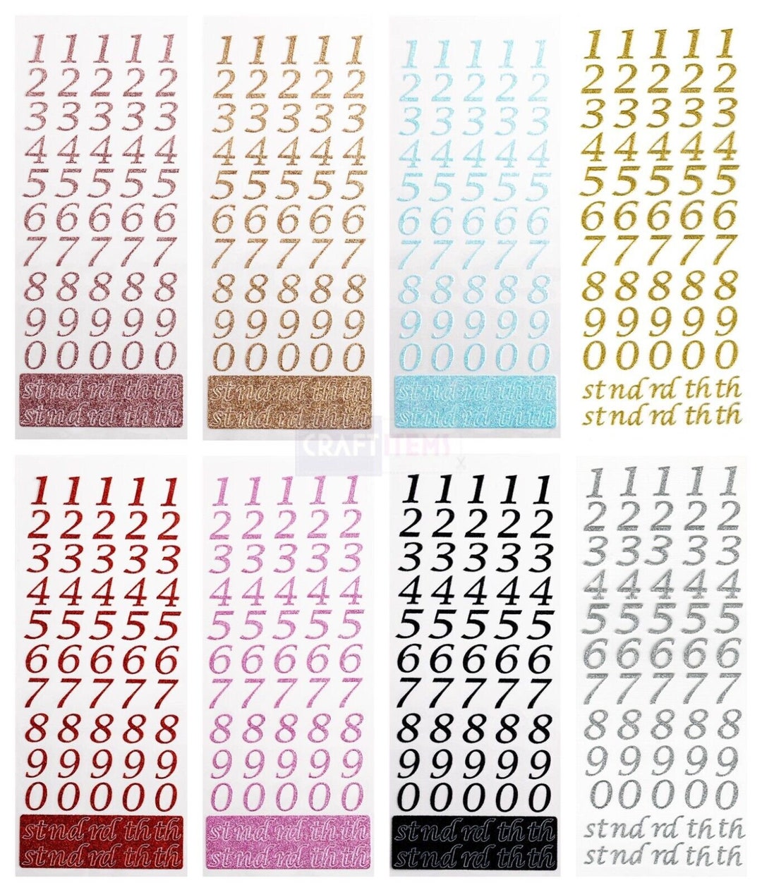 Small Glitter Number Sticker Sheet for Card Making Craft Italic Font ...