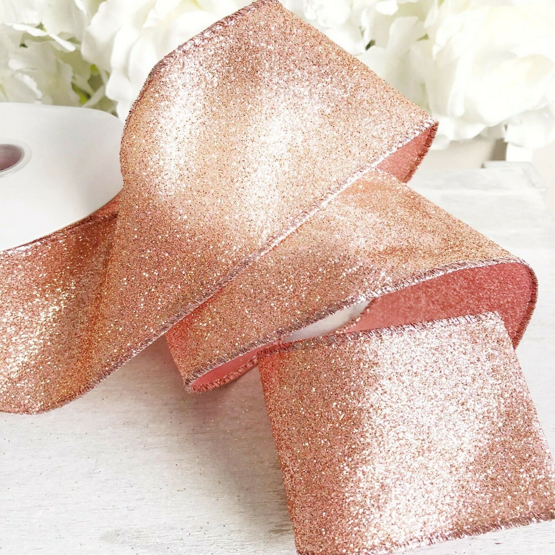 1m Rose Gold Glitter Wired Edge Christmas Ribbon for Bow Making ...
