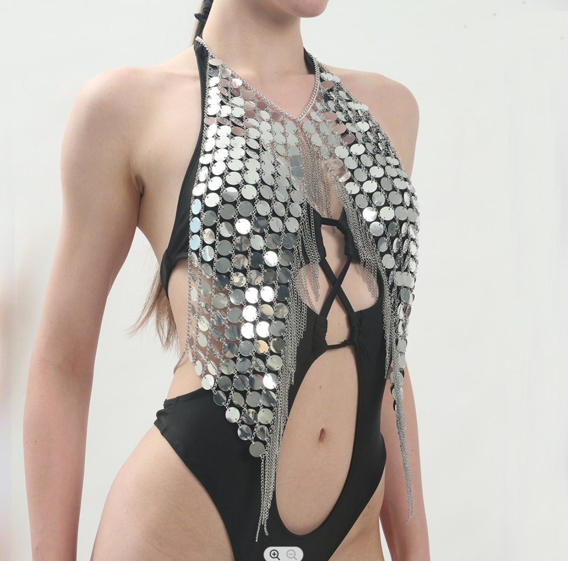 Silver Metal Sequin Mesh Body Chain Halter Top Tassels Etsy