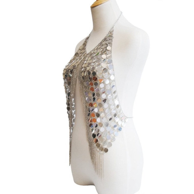Silver Metal Sequin Mesh Body Chain Halter Top Tassels - Etsy