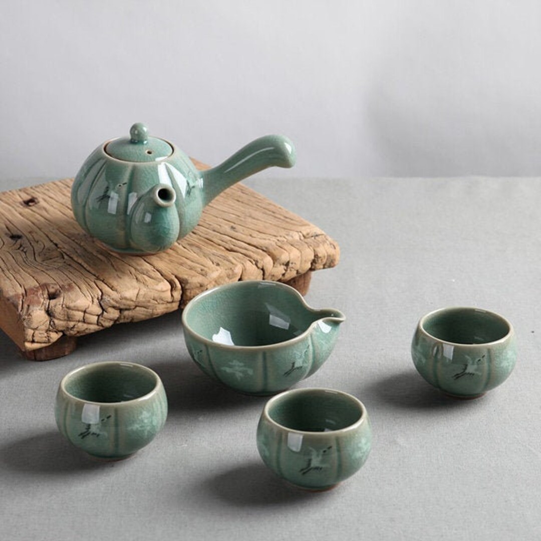 Handmade Celadon Tea Set: Korean Pumpkin Design With Cranes - Etsy