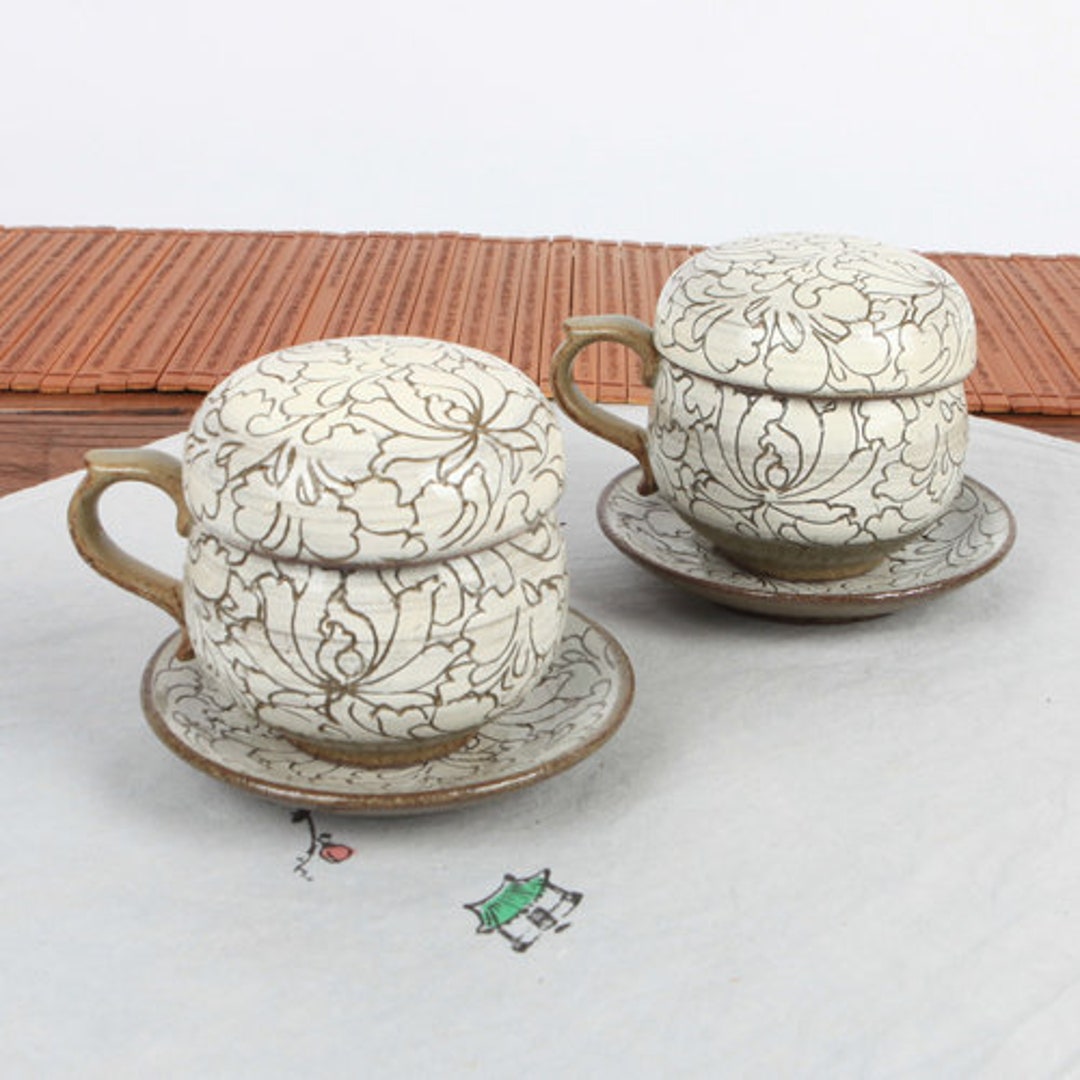 Handmade Korean Buncheong Tea Set for 2 With Peony Flower Patterns ...
