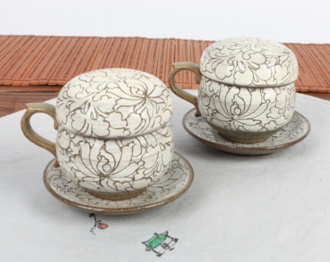 Handmade Korean Buncheong Tea Set for 2 With Peony Flower Patterns ...