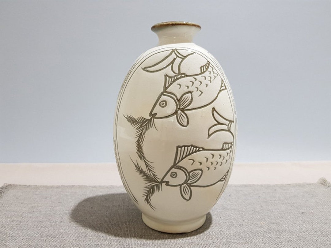 Handmade Korean Buncheong Vase With Fish, Traditional, Home Decor - Etsy