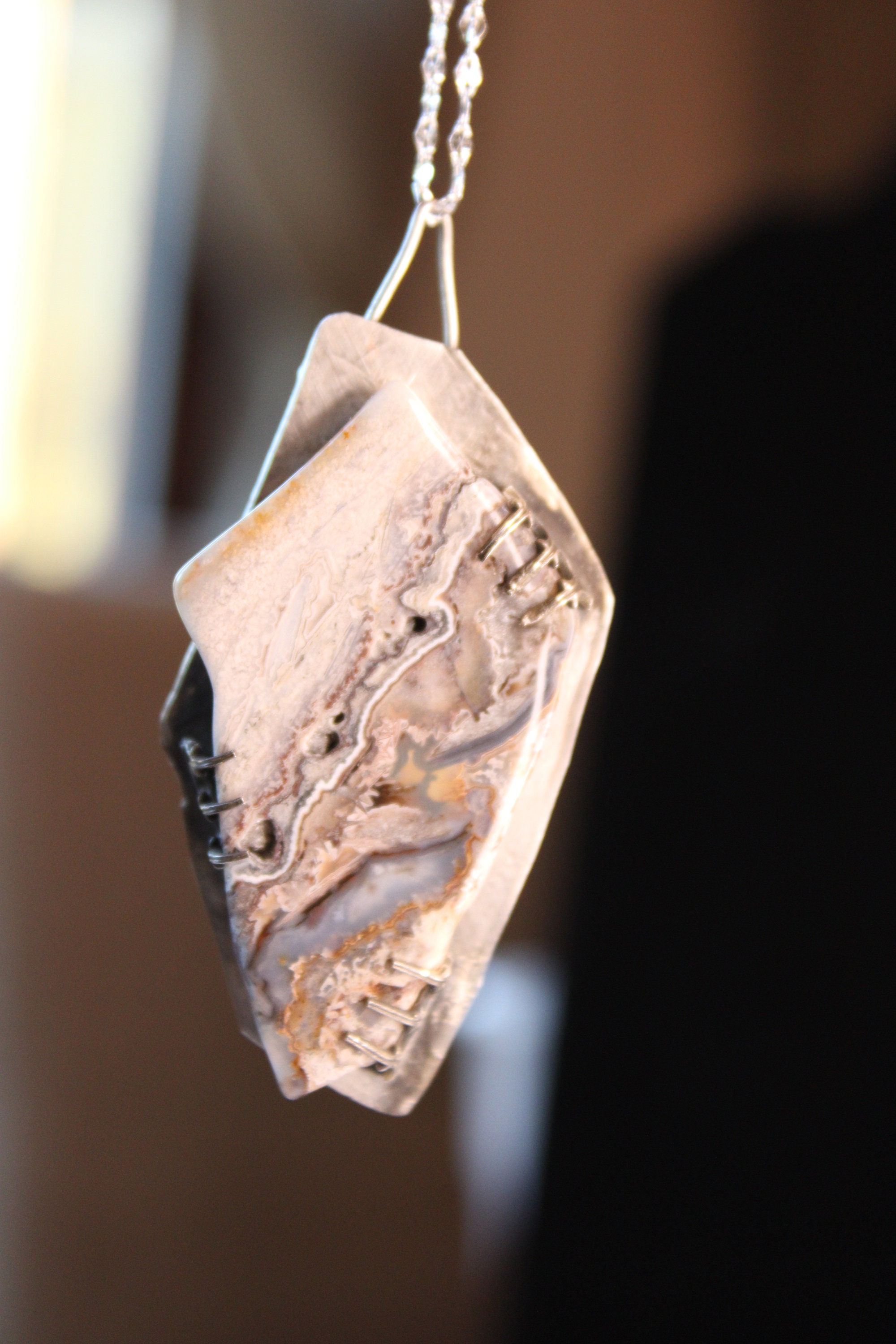 Huge Sterling Silver Gray JASPER Necklace Tiny Quartz Crystal ...