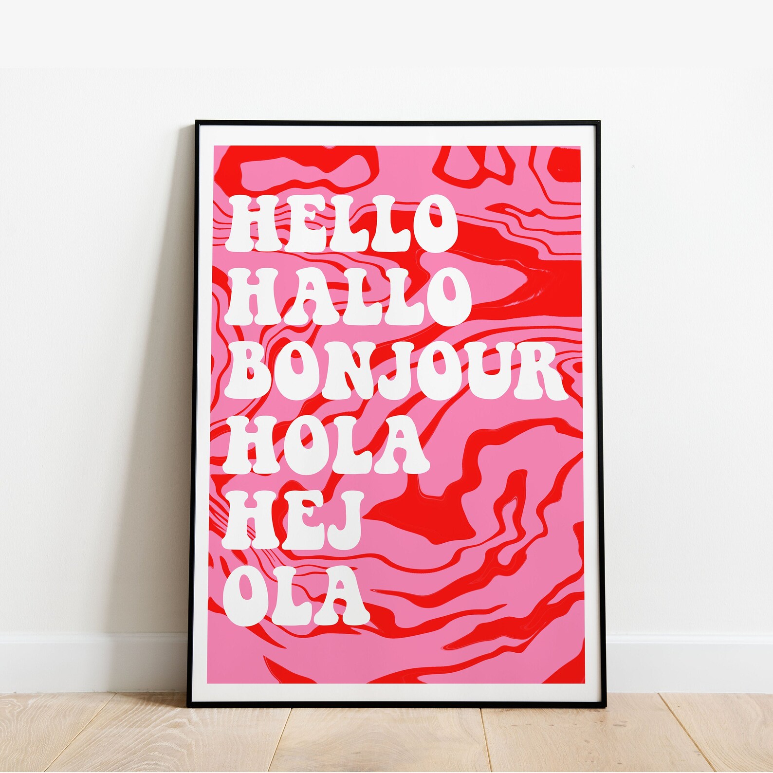 Greetings Wall Print Hello Hola Bonjour Pink Red A6 A5 A4 A3 Wall Art ...