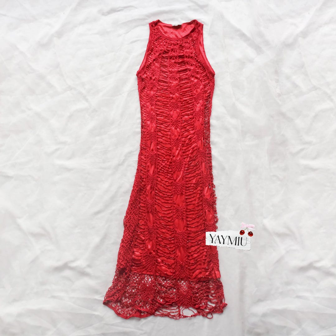 Vintage Party Beaded Crochet Maxi Dress - Red - Etsy