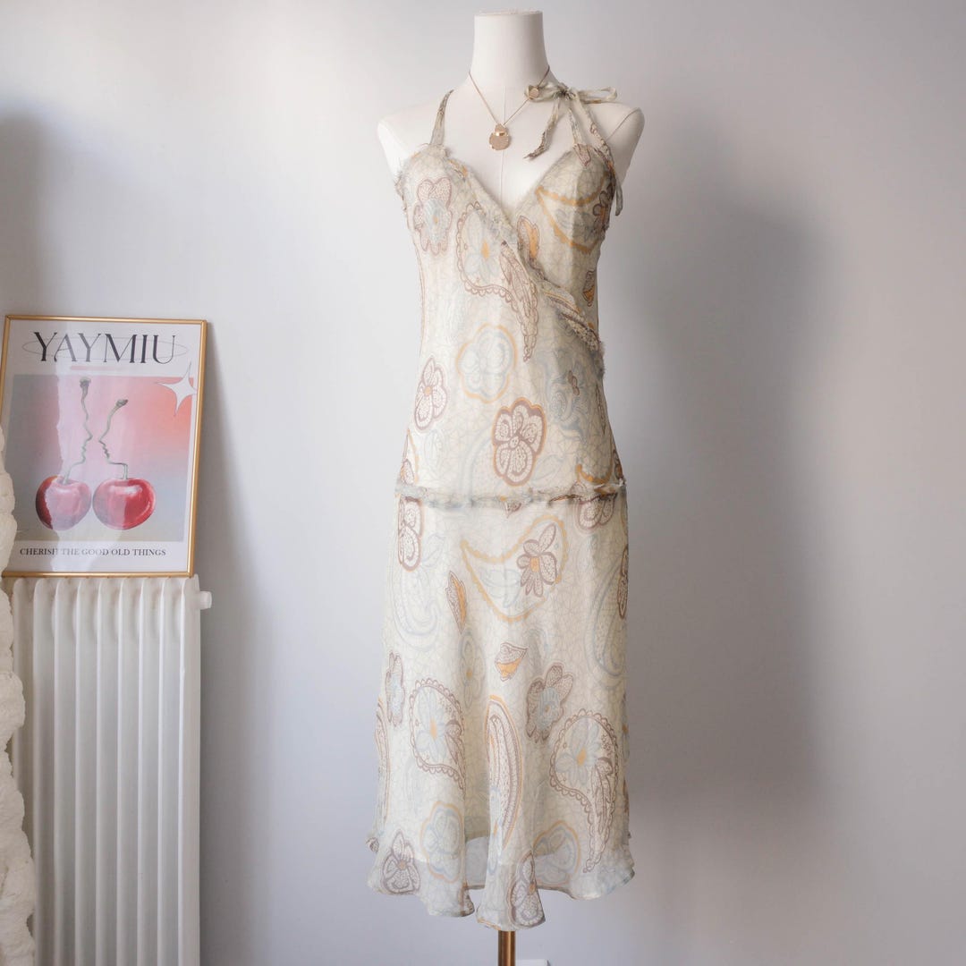 Vintage European Y2K Paisley Print Silk Midi Dress – Adjustable Straps ...