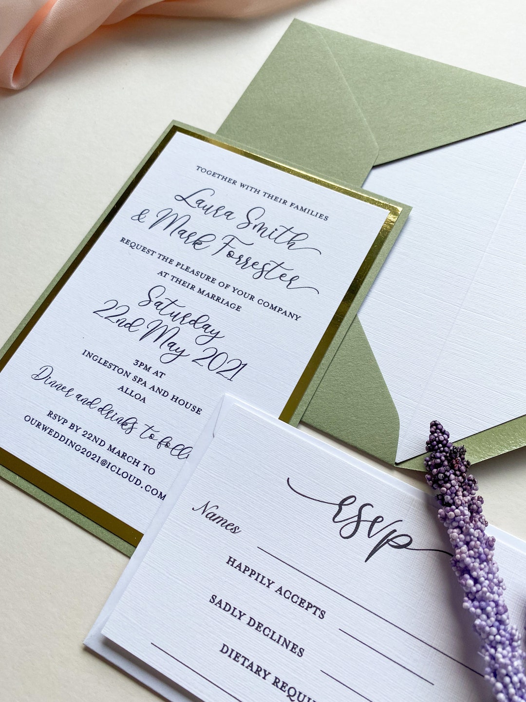 Green and Gold Wedding Invitation Bundle, Small Invites, Envelopes ...