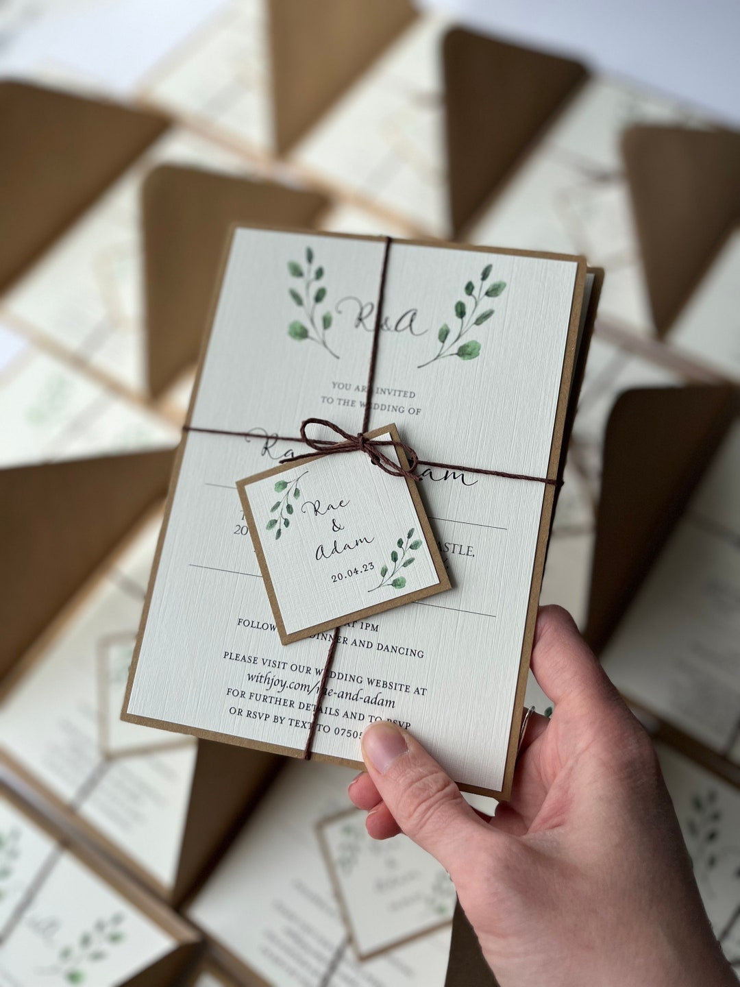 Green Leaves Wedding Invitations, Rustic Wedding Stationery, Brown ...
