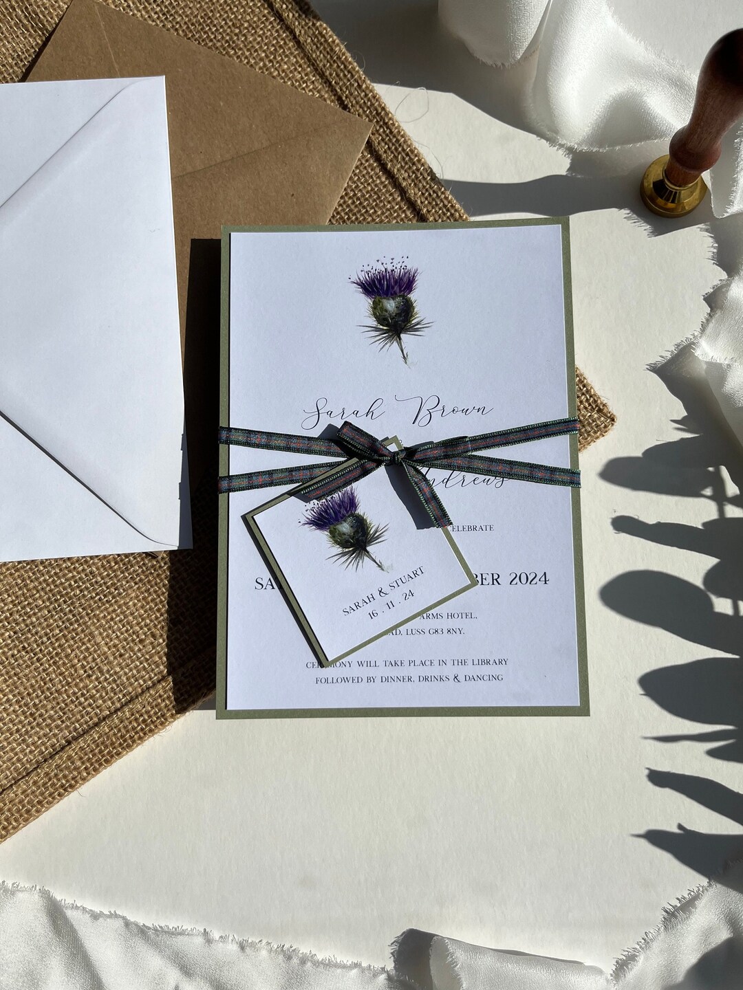 Minimal Thistle Wedding Invitation Set Rustic Sage Green Backing Tartan ...