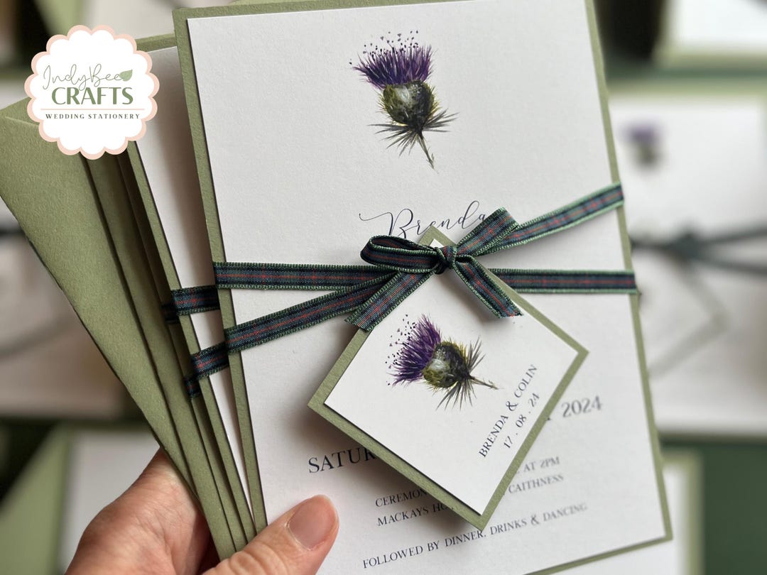 Minimal Thistle Wedding Invitation Set, Rustic Sage Green Backing ...