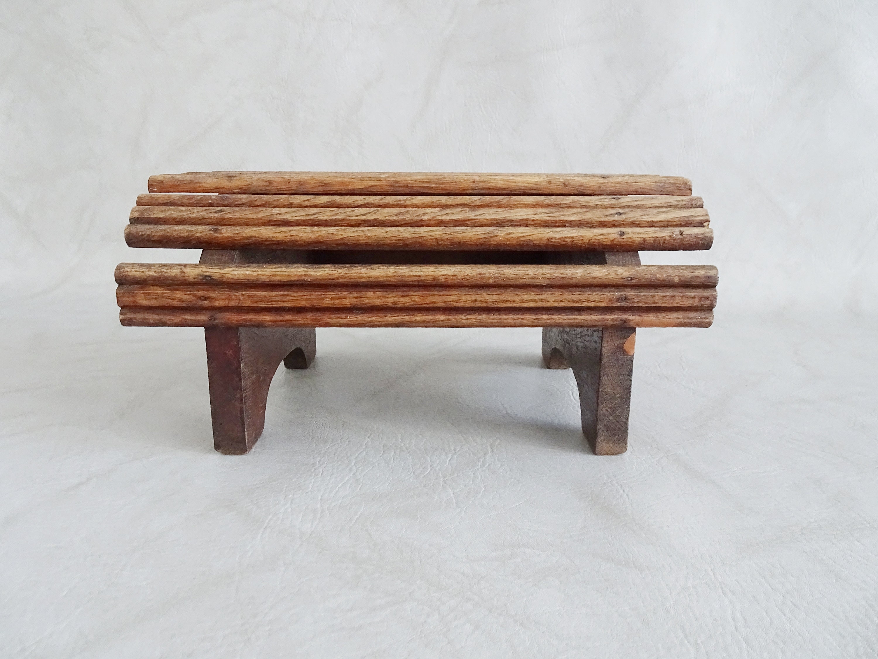 Foot bench rounded, small stool made of solid wood with slats, wooden ...