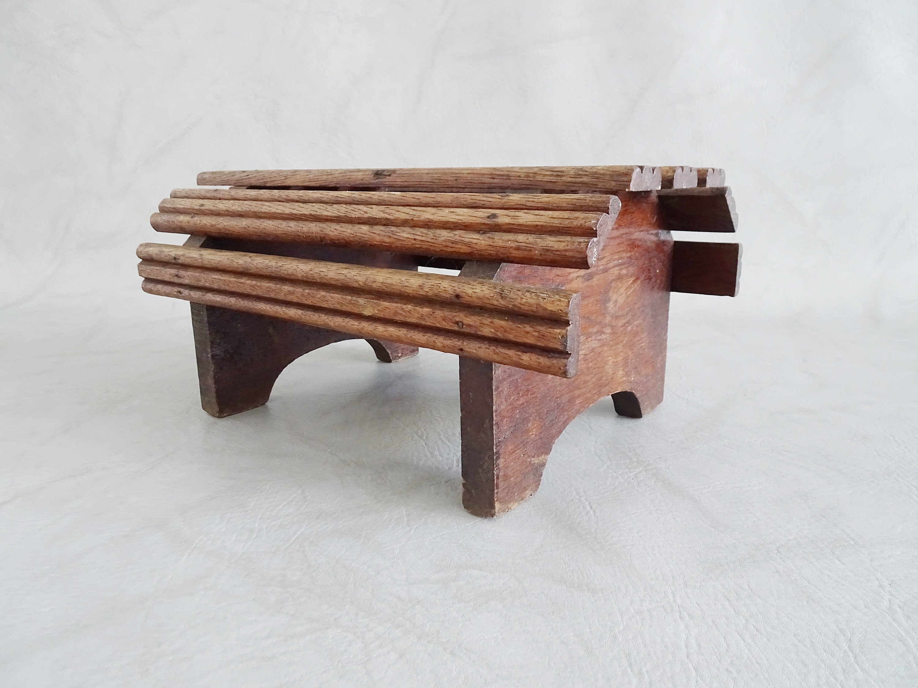 Foot bench rounded, small stool made of solid wood with slats, wooden ...