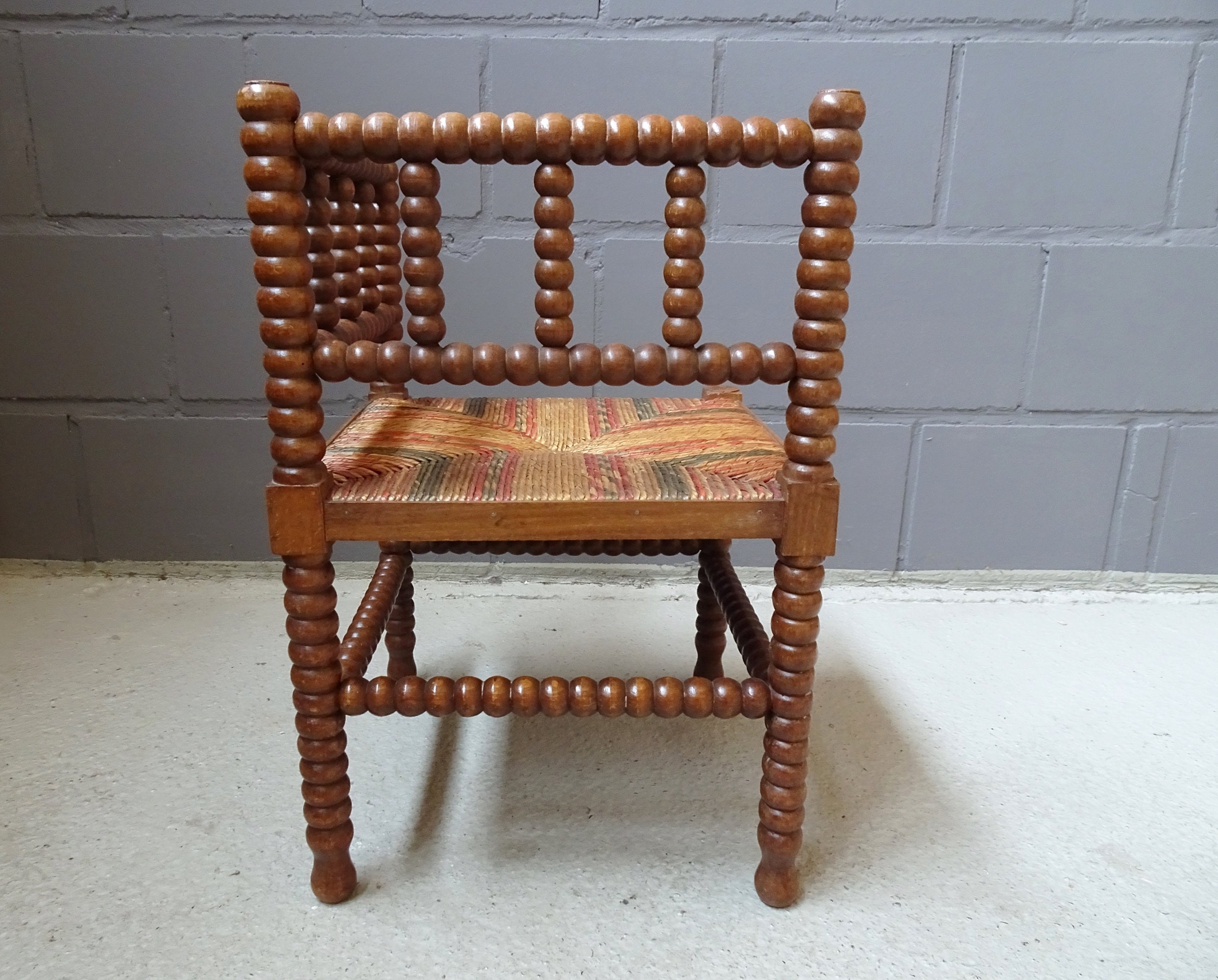rustic Spanish stool with backrest, sisal stool, ottoman, corner chair