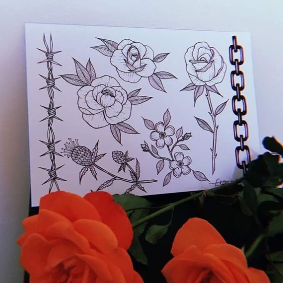 Floral Flash Sheet Print A4 Linework Illustration Art Print | Etsy