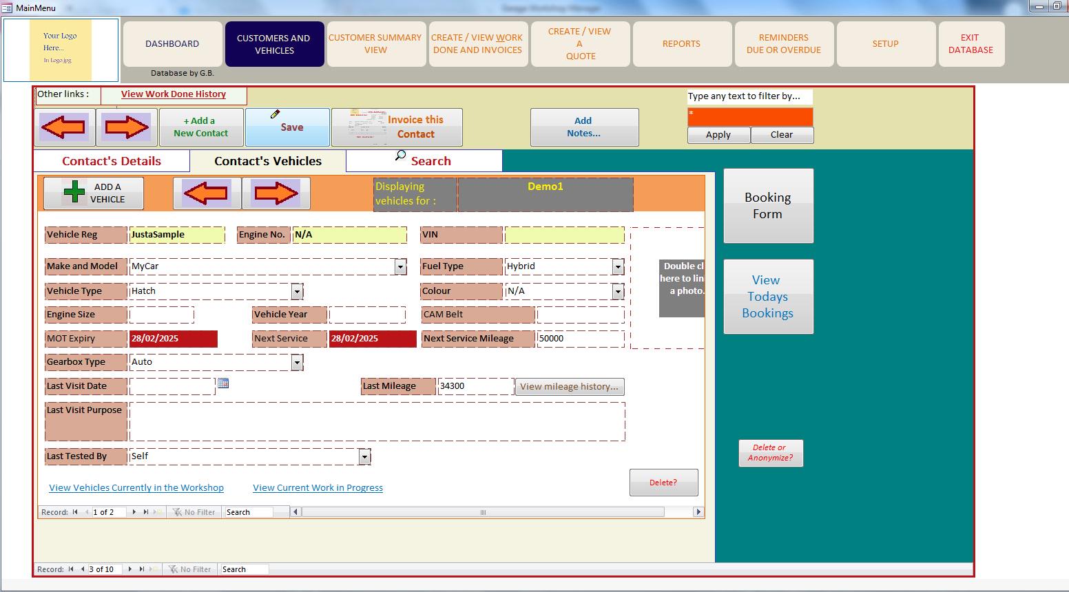 Garage Workshop Manager MS Access Database for Mechanics | Add Your ...