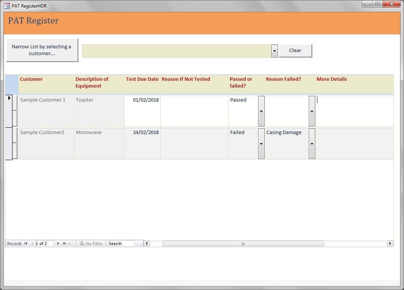 PAT Testing DB | Log Customer Equipment and PAT Test Dates | Access ...