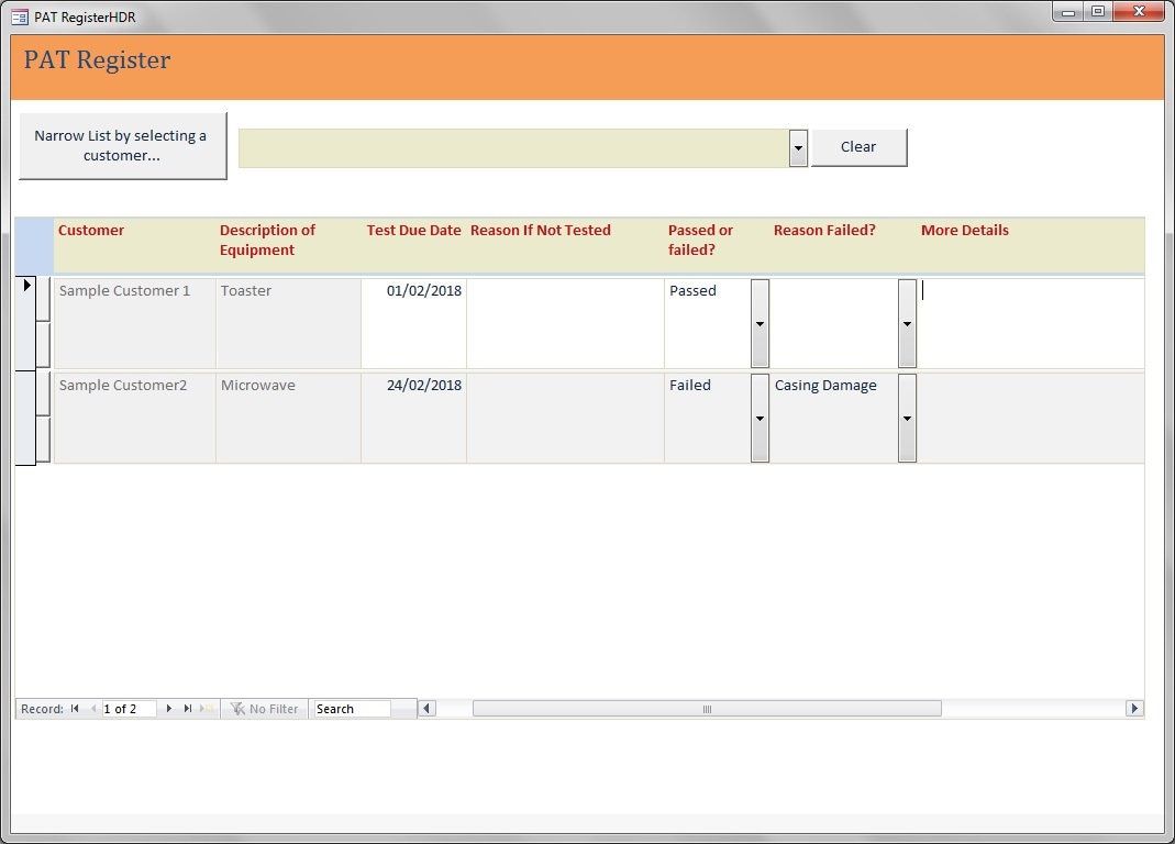 PAT Testing DB | Log Customer Equipment and PAT Test Dates | Access ...