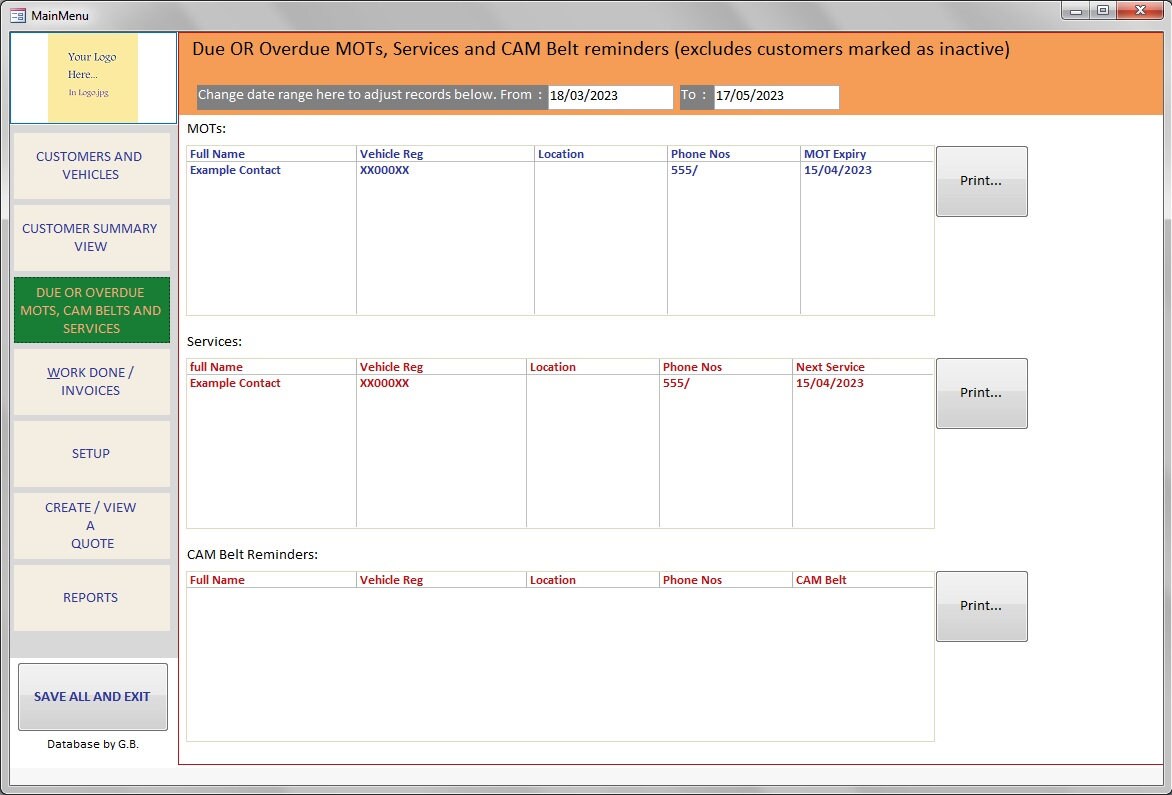 Garage Workshop Manager MS Access Database for Mechanics Add Your Customers, Vehicles and ...