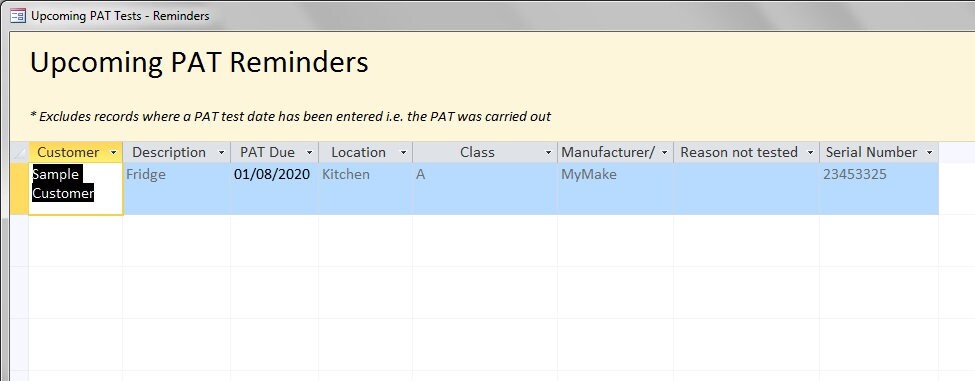 PAT Testing DB | Log Customer Equipment and PAT Test Dates | Access ...