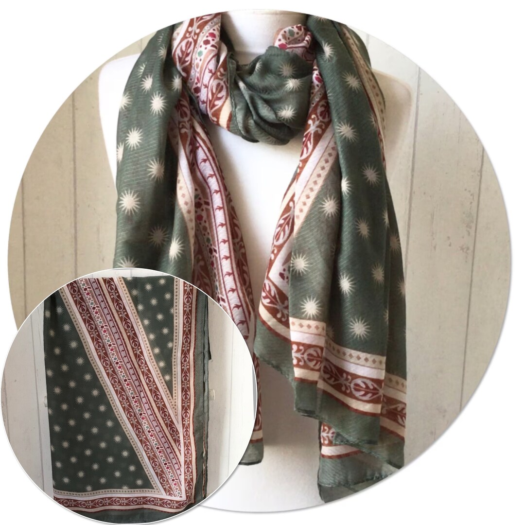 Sage Green Rust Scarf / Aztec Design Sun Scarf / Boho Festival Scarves ...