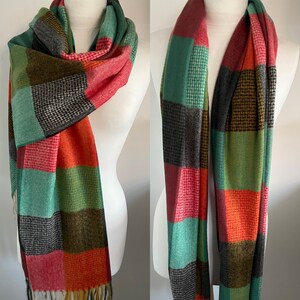 Autumnal RED GREEN SCARF / Red Green Yellow Square Design Scarf /red ...