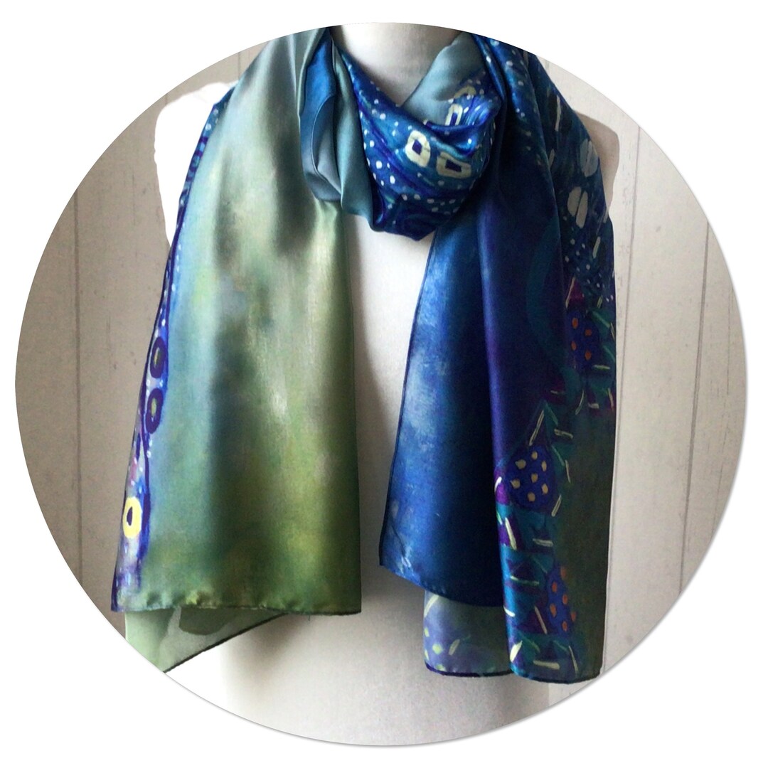 Artistic Silk Scarf / Blue Art Design Scarf / Shades of Blue Silk Gift ...