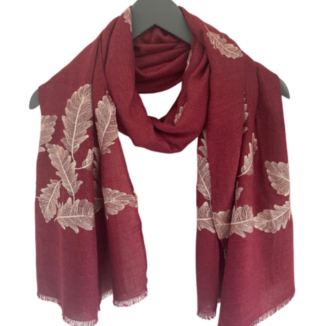 Red Feather Scarf / Burgundy Red With Gold Embrodiered Feather Scarf ...