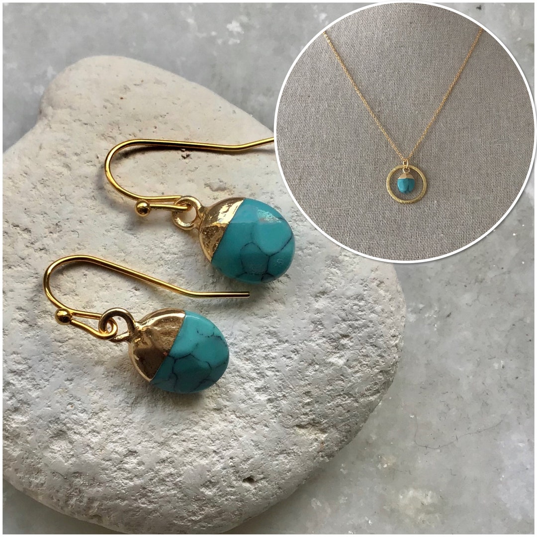 Turquoise & Gold Jewelry Set: Natural Stone Necklace Earrings ...