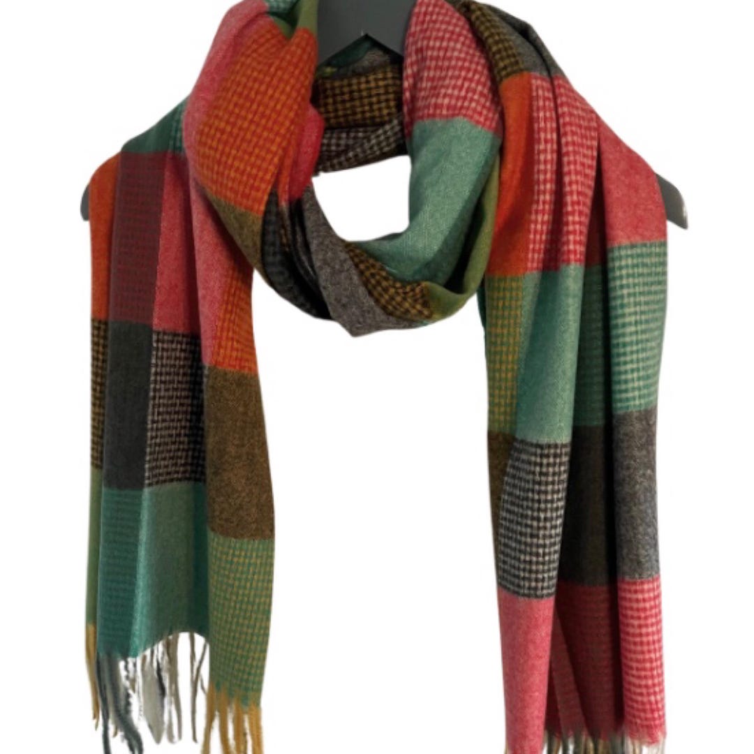 Autumnal RED GREEN SCARF / Red Green Yellow Square Design Scarf /red ...