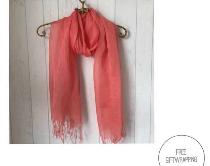CORAL LINEN SCARF / Linen Coral Scarves / 100% Coral Linen Scarf /linen ...