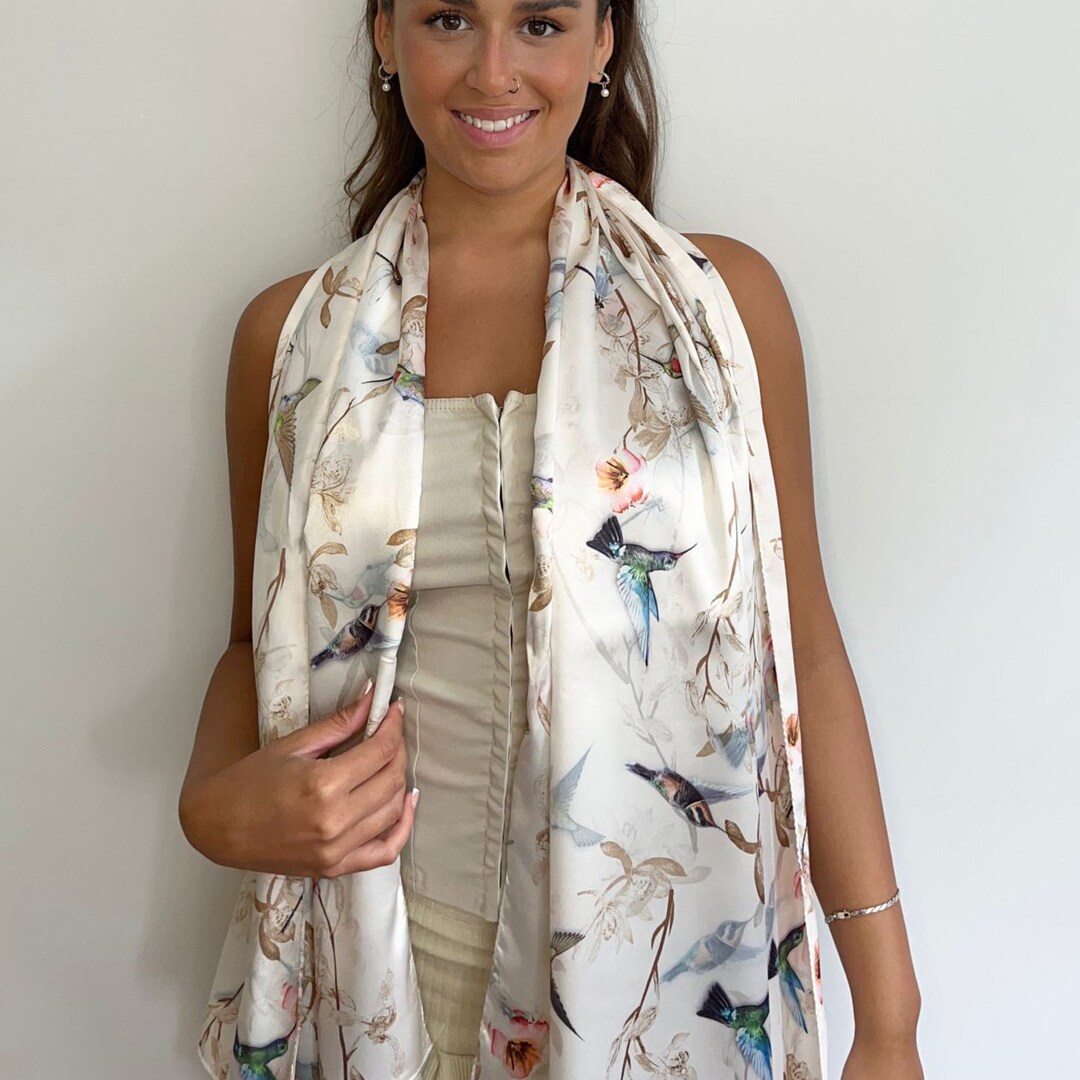 Silk Scarf / Cream Floral Nature Design Scarf / Satin Silk Scarves ...